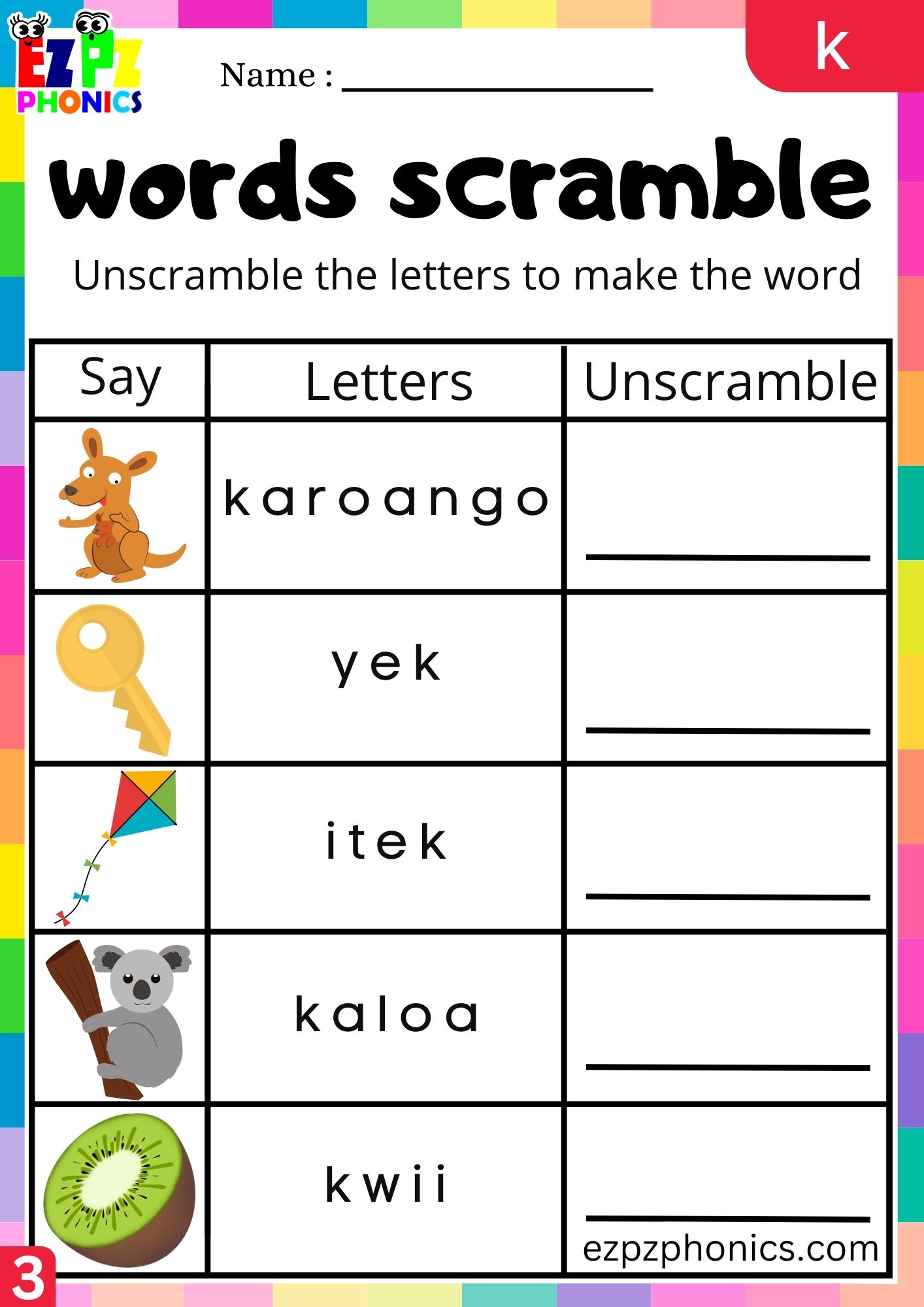 Letter k Word Scramble Write the Words Phonics Activity Group 3 - ezpzphonics.com